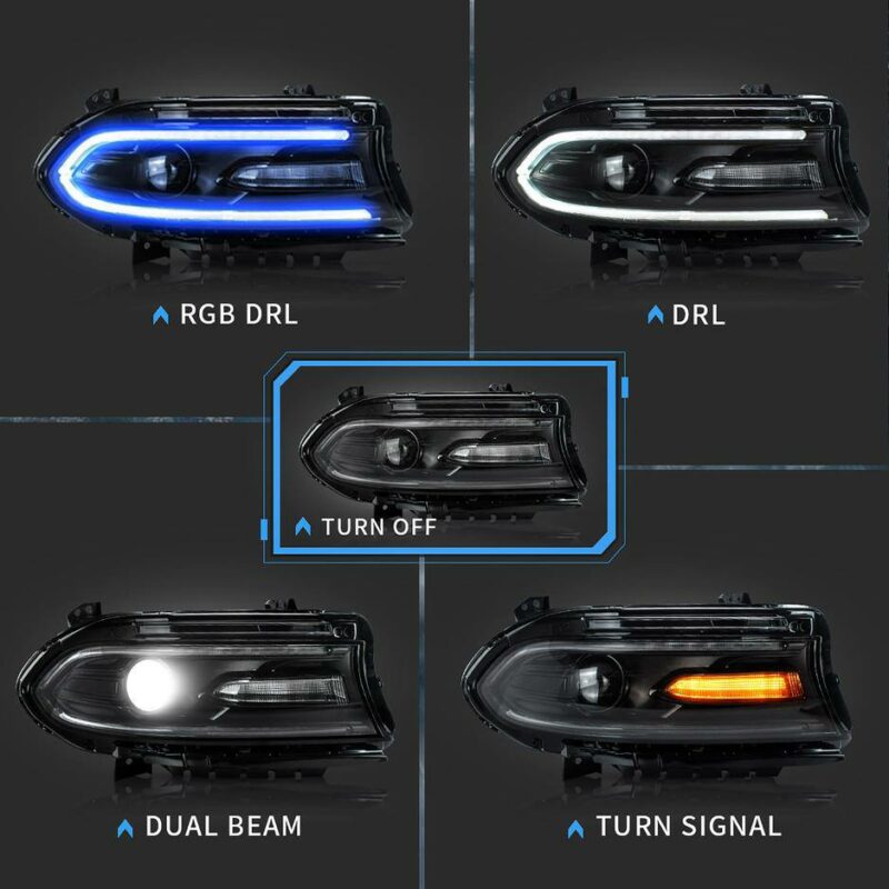 Vland 2015-2023 Dodge Charger RGB Style Dual Beam Projector Headlights ...